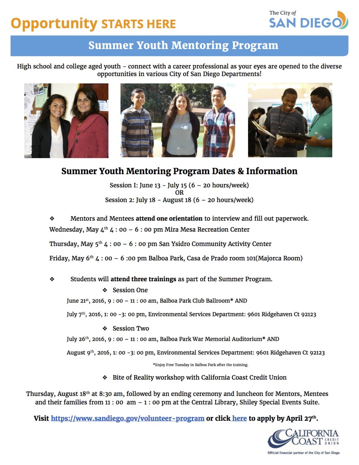 The City of San Diego Summer Youth Mentoring Program Dates ...